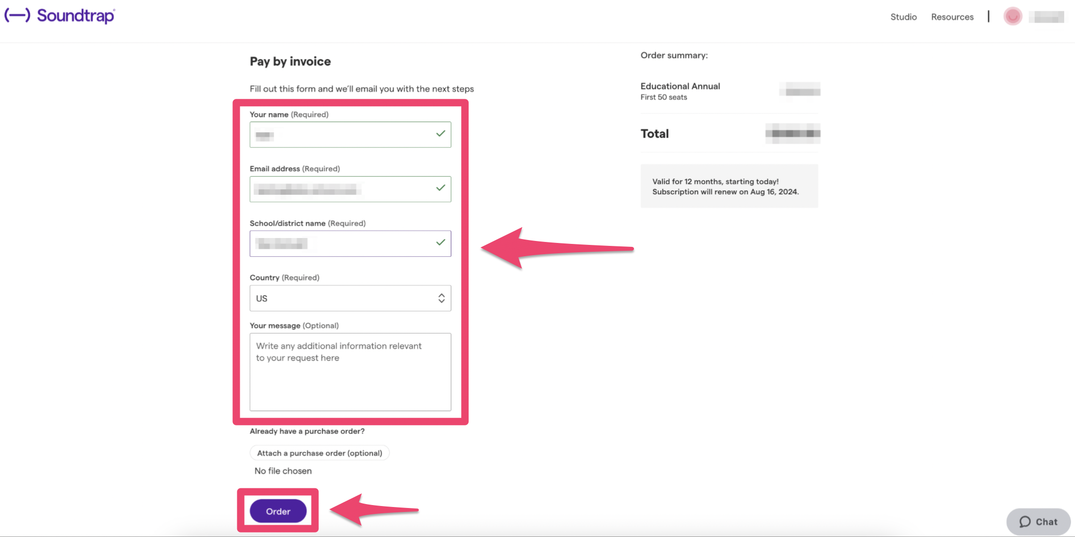Requesting an Invoice for a New Soundtrap for Education Subscription ...